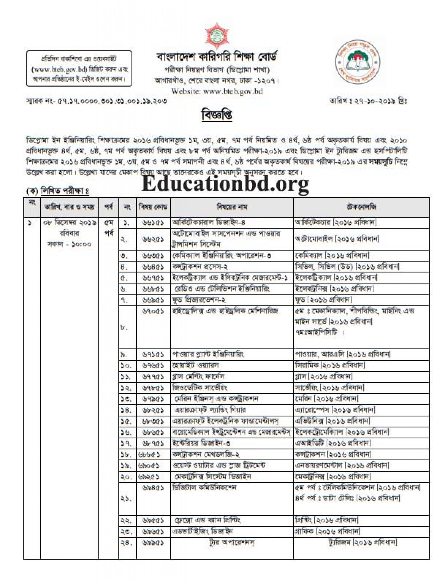 Diploma in Engineering Exam Routine 2022 PDF Download | Educationbd
