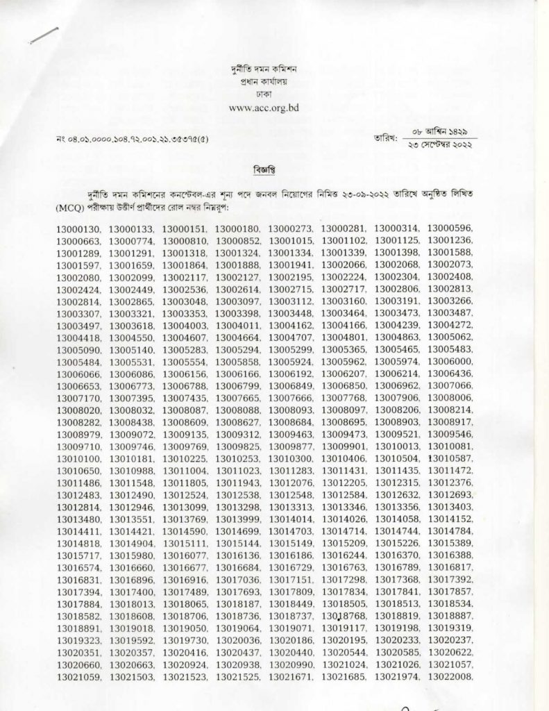 ACC Exam Result 2022 Dudok Constable Result Educationbd